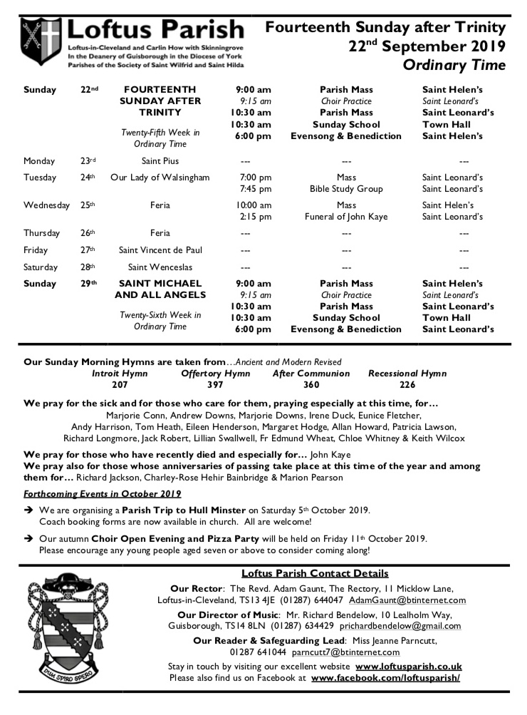 Newsletter – Fourteenth Sunday after Trinity 2019 – Loftus Parish