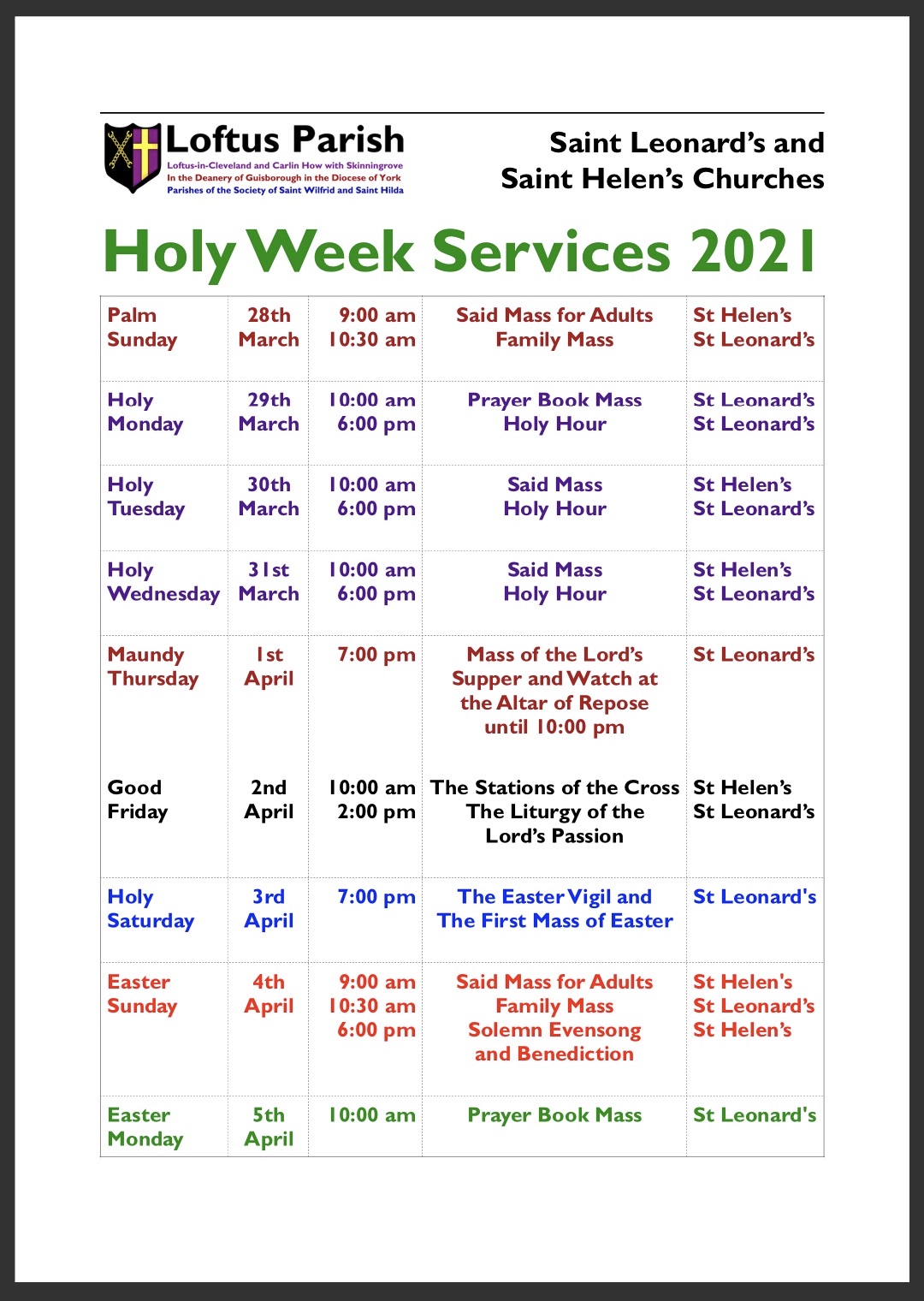 Holy Week & Easter Weekend Service Schedule for 2021 – Loftus Parish